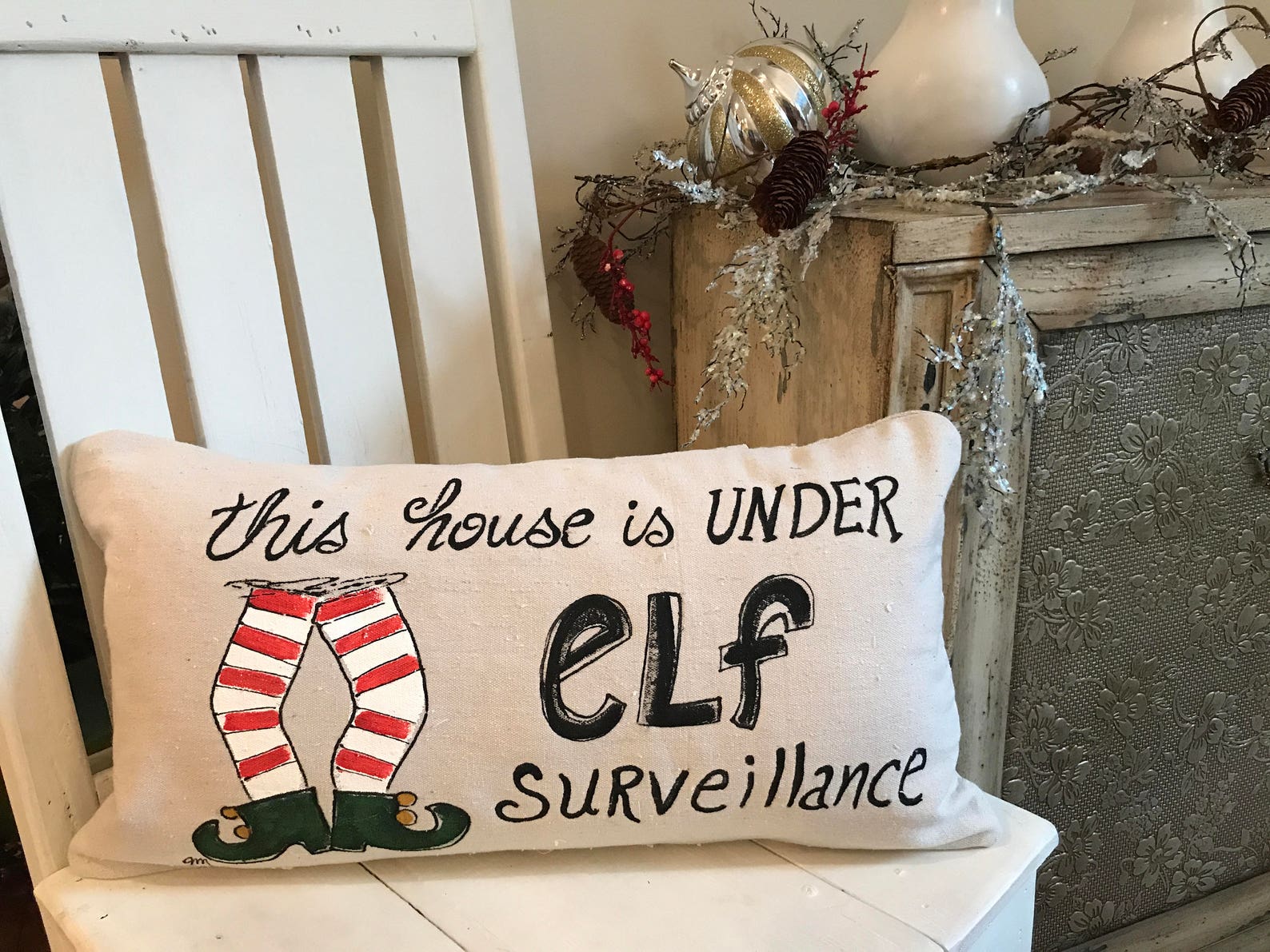 Elf Christmas Pillows Hand-painted Christmas Lumbar Red and | Etsy