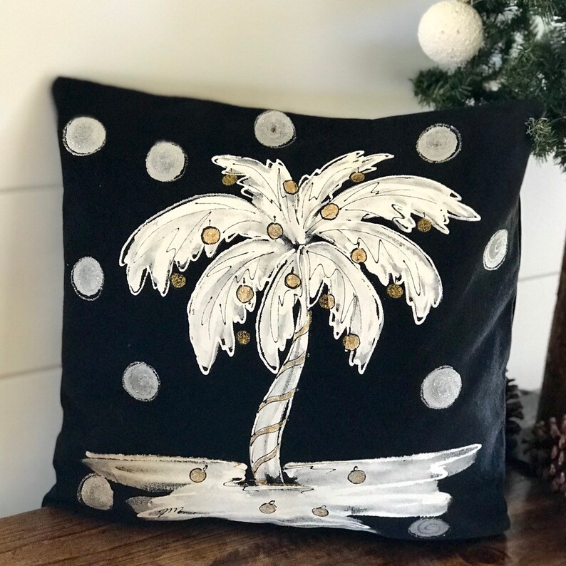 White Palm Tree Christmas Tree Hand-painted Pillows Black - Etsy