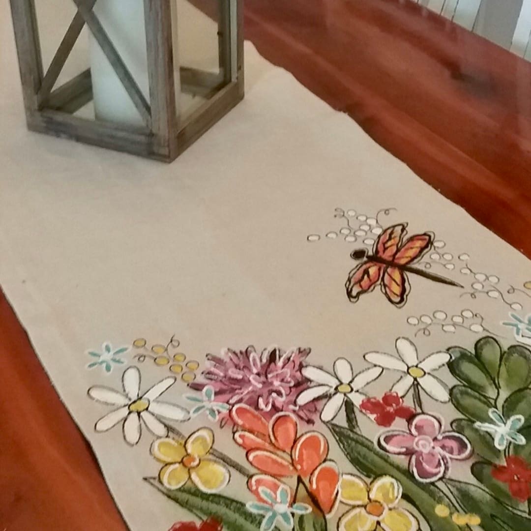 Flower Garden Runner, Dragonfly, Handmade, Hand-painted, Table Runner ...