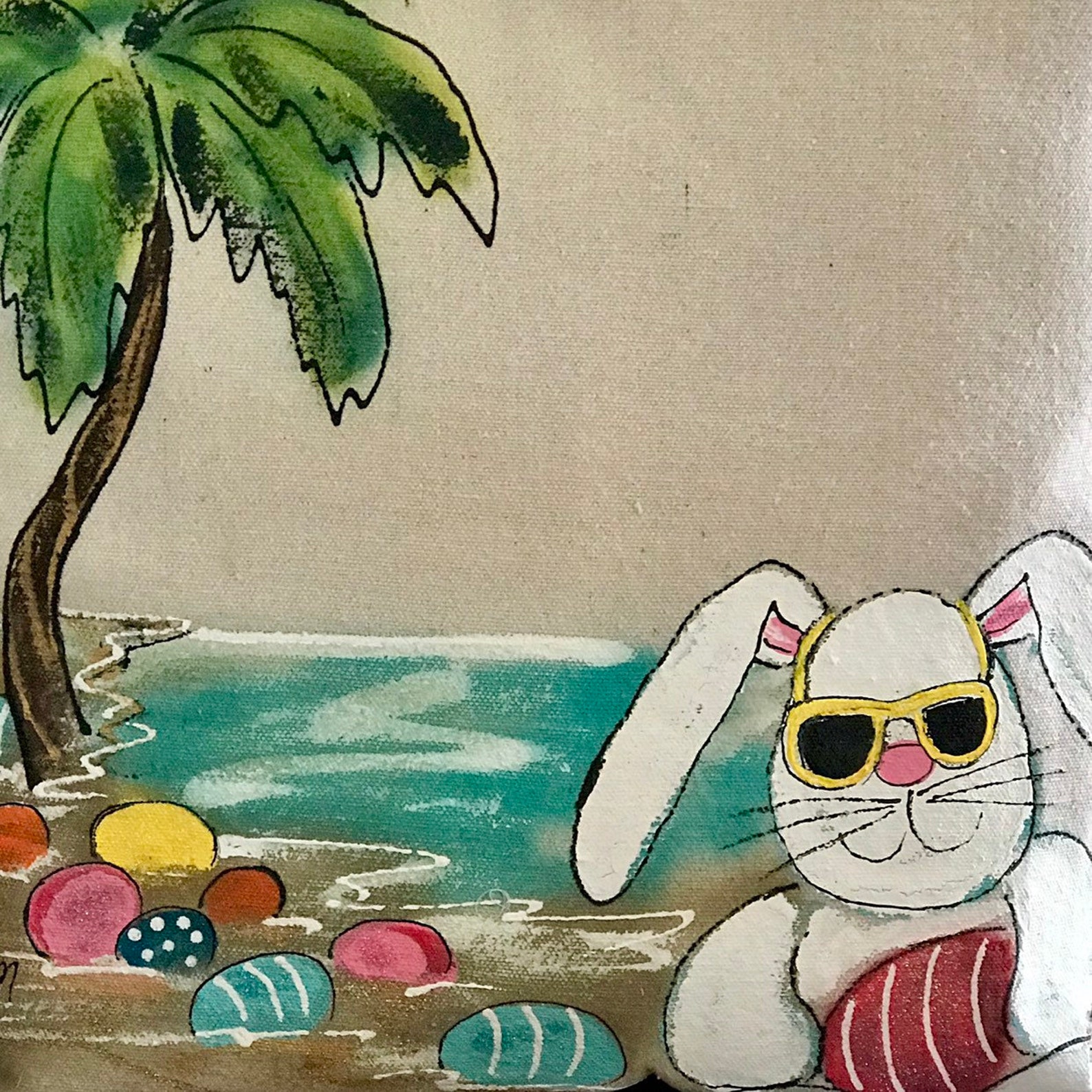 Palm Tree With Easter Eggs and Bunny Hand-painted Handmade - Etsy