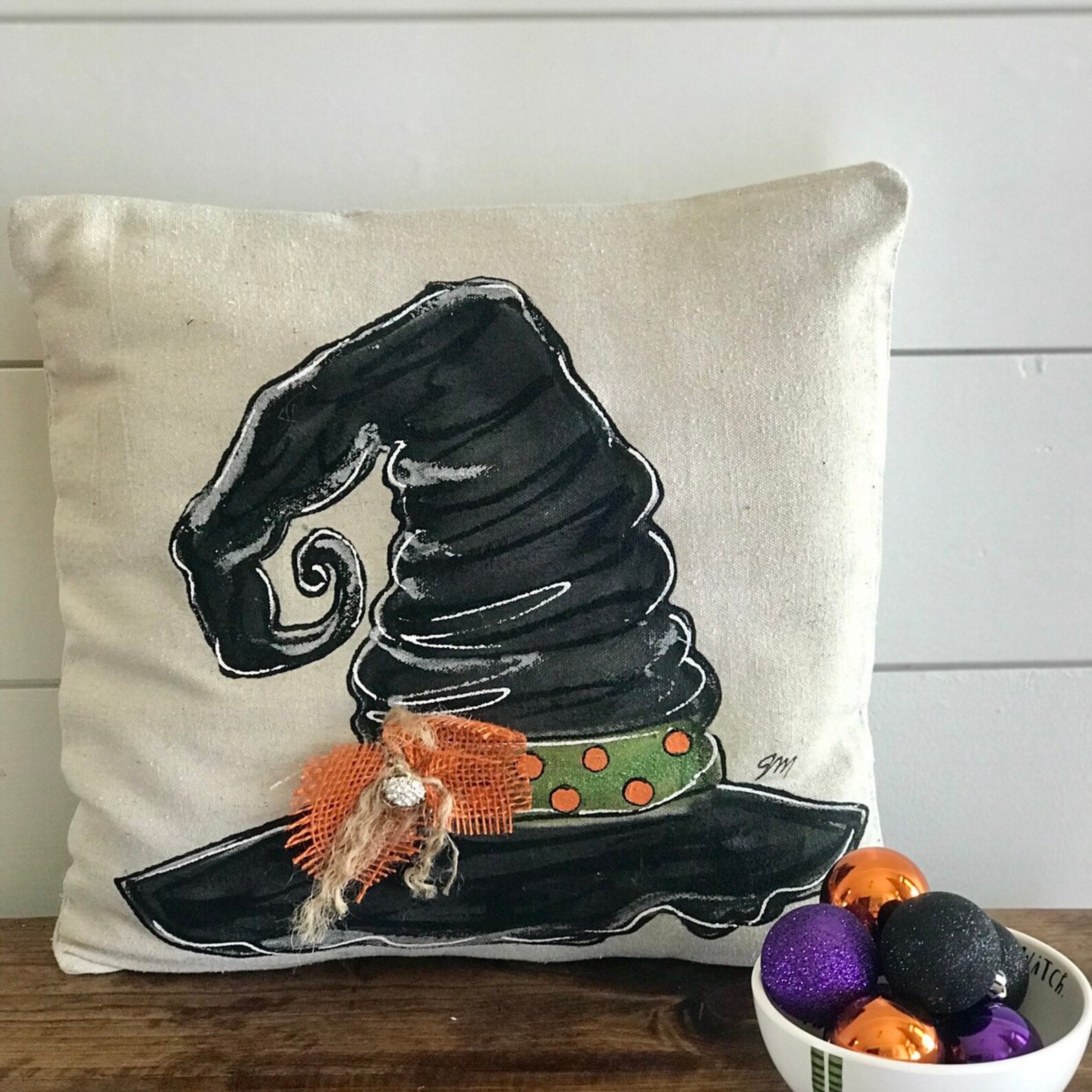 Black Witch Hat Hand-painted Fall Pillow Pillow Cover | Etsy