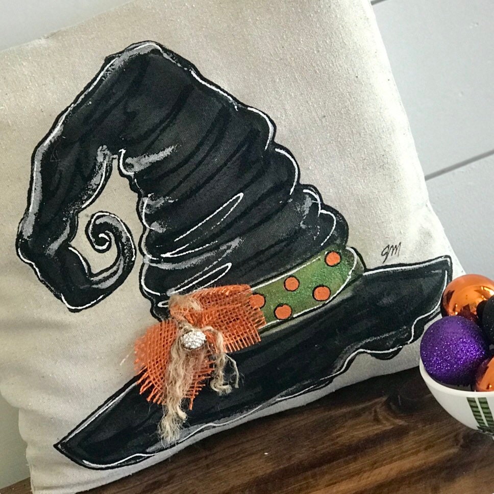 Black Witch Hat Hand-painted Fall Pillow Pillow Cover | Etsy
