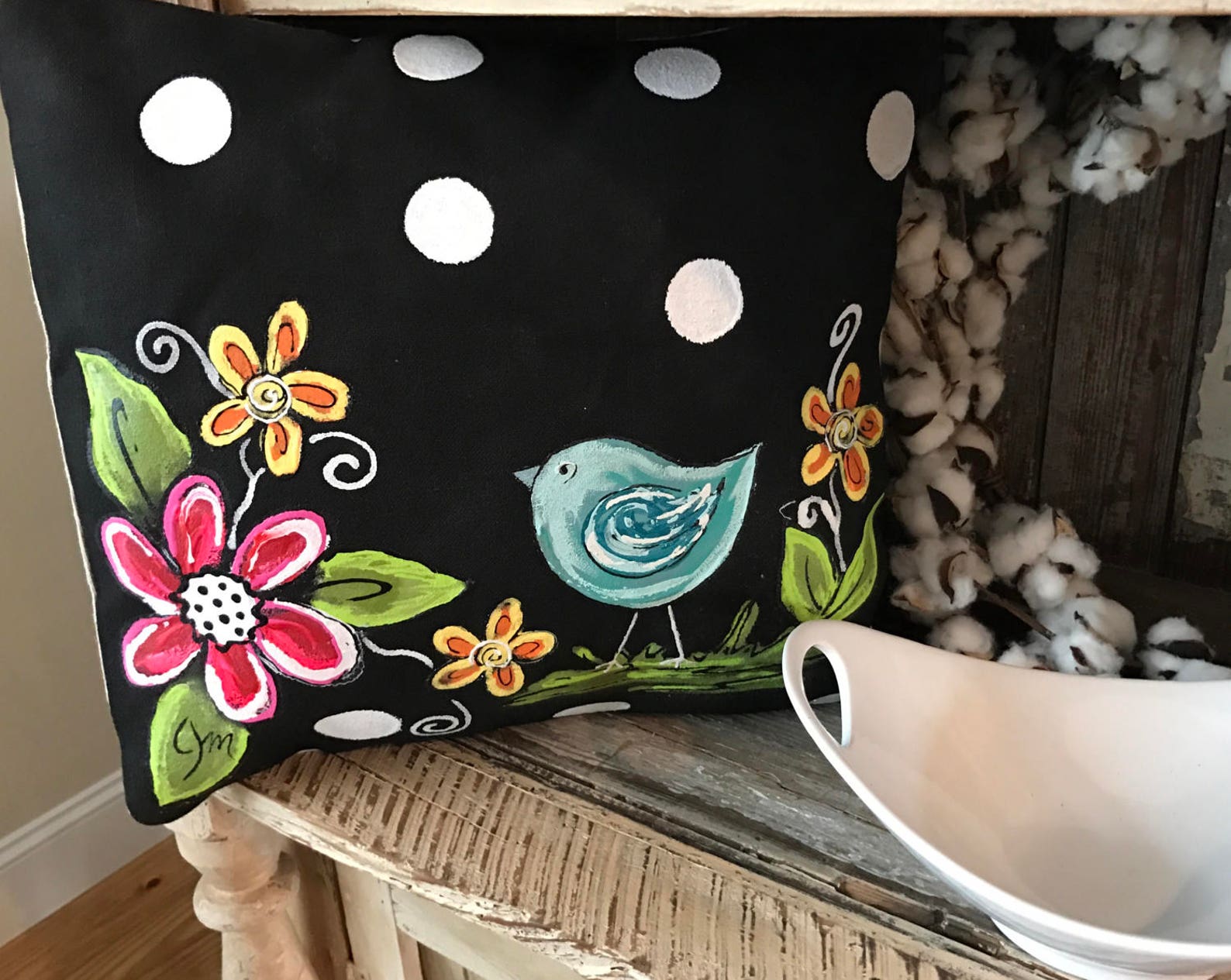 Black Blue Birds Polka Happy Spring Flowers Dots Hand-painted - Etsy