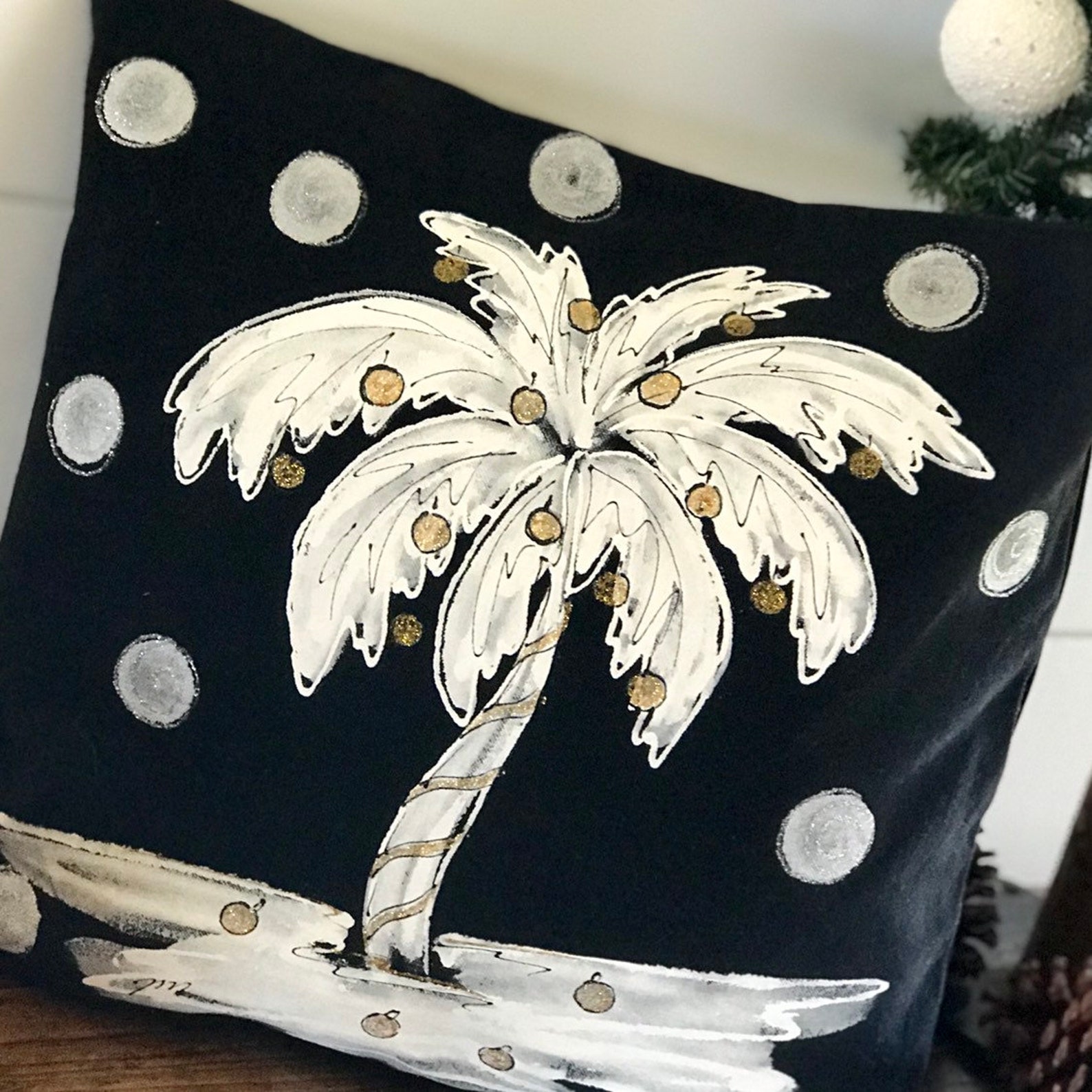 White Palm Tree Christmas Tree Hand-painted Pillows Black - Etsy