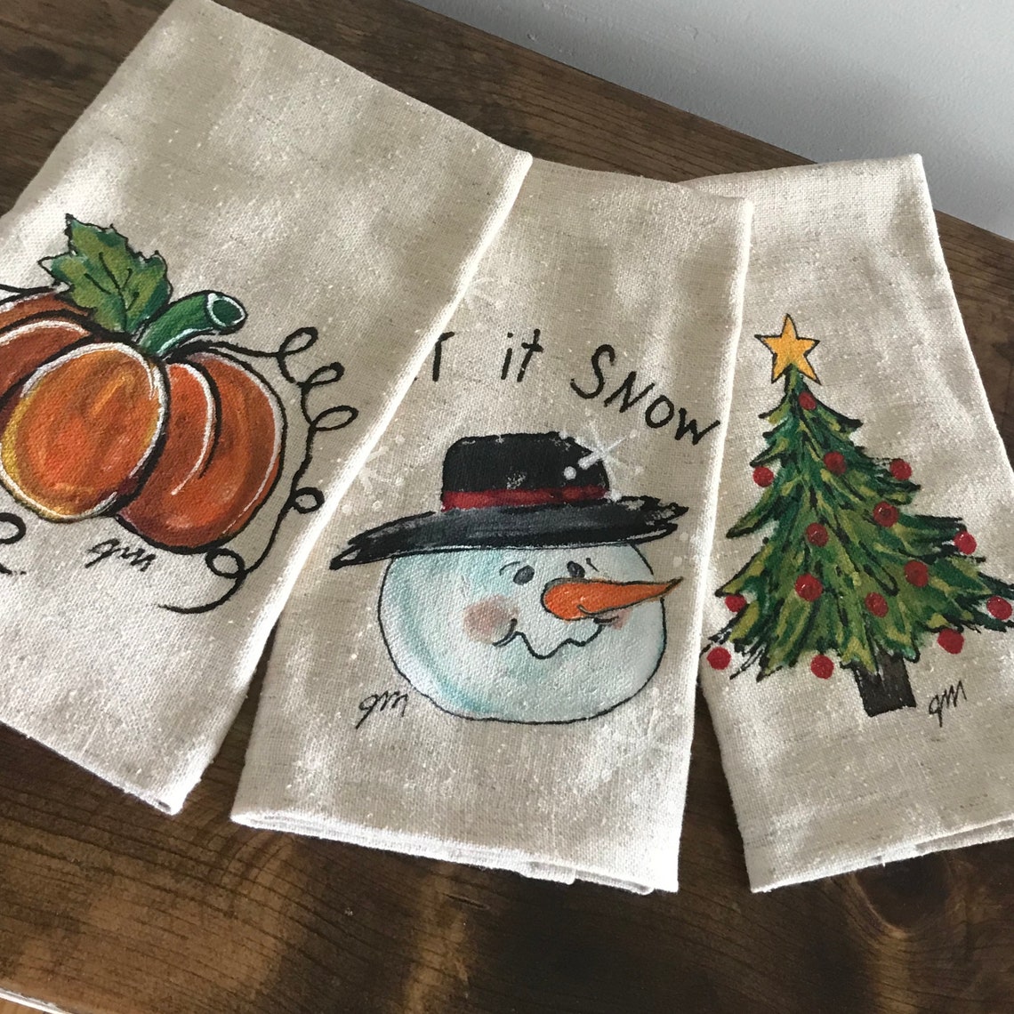 Holiday Hand Towel Gift Set, Hand-painted Kitchen Dish Towels, Orange ...