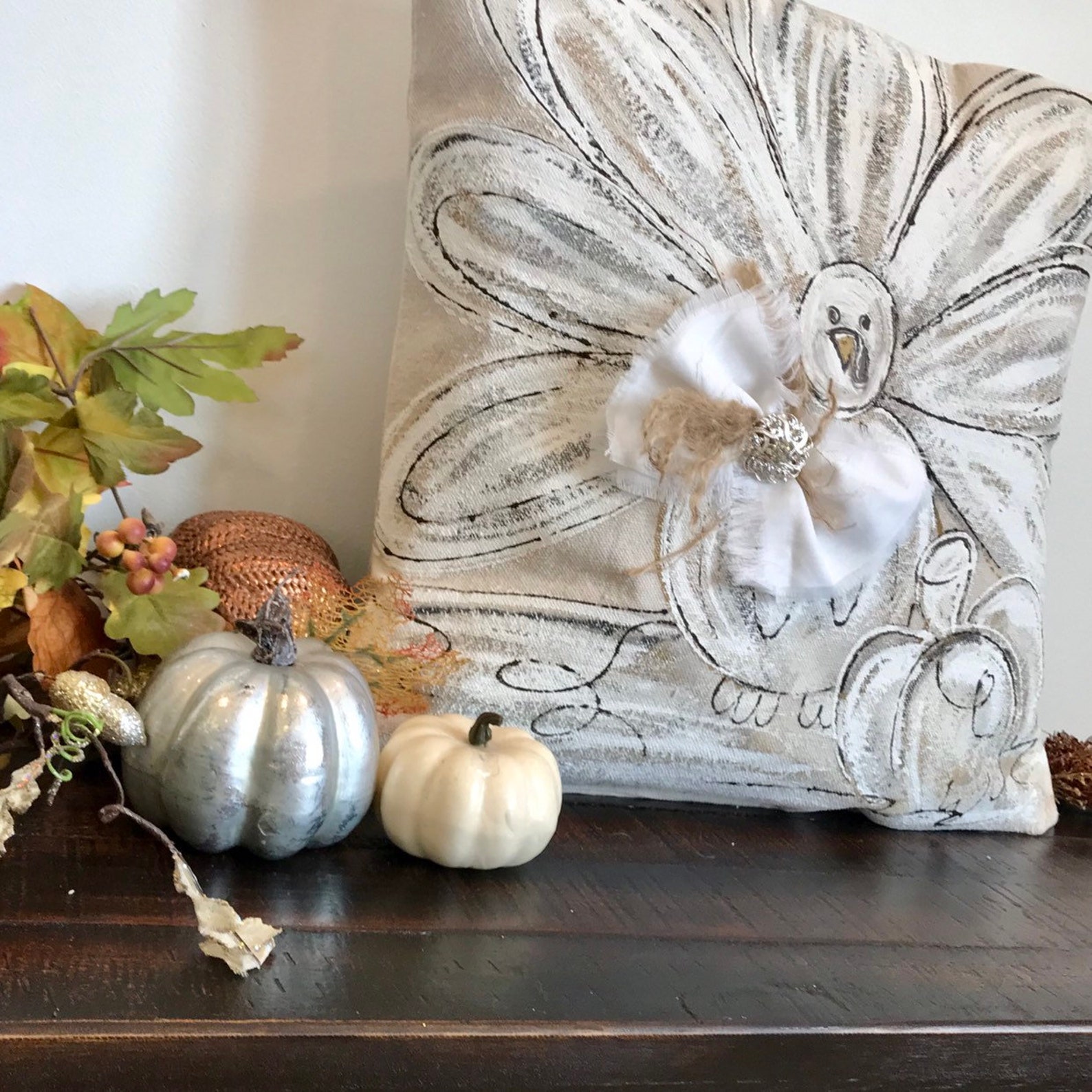White Turkey Pillow Hand-painted Thanksgiving Decor | Etsy