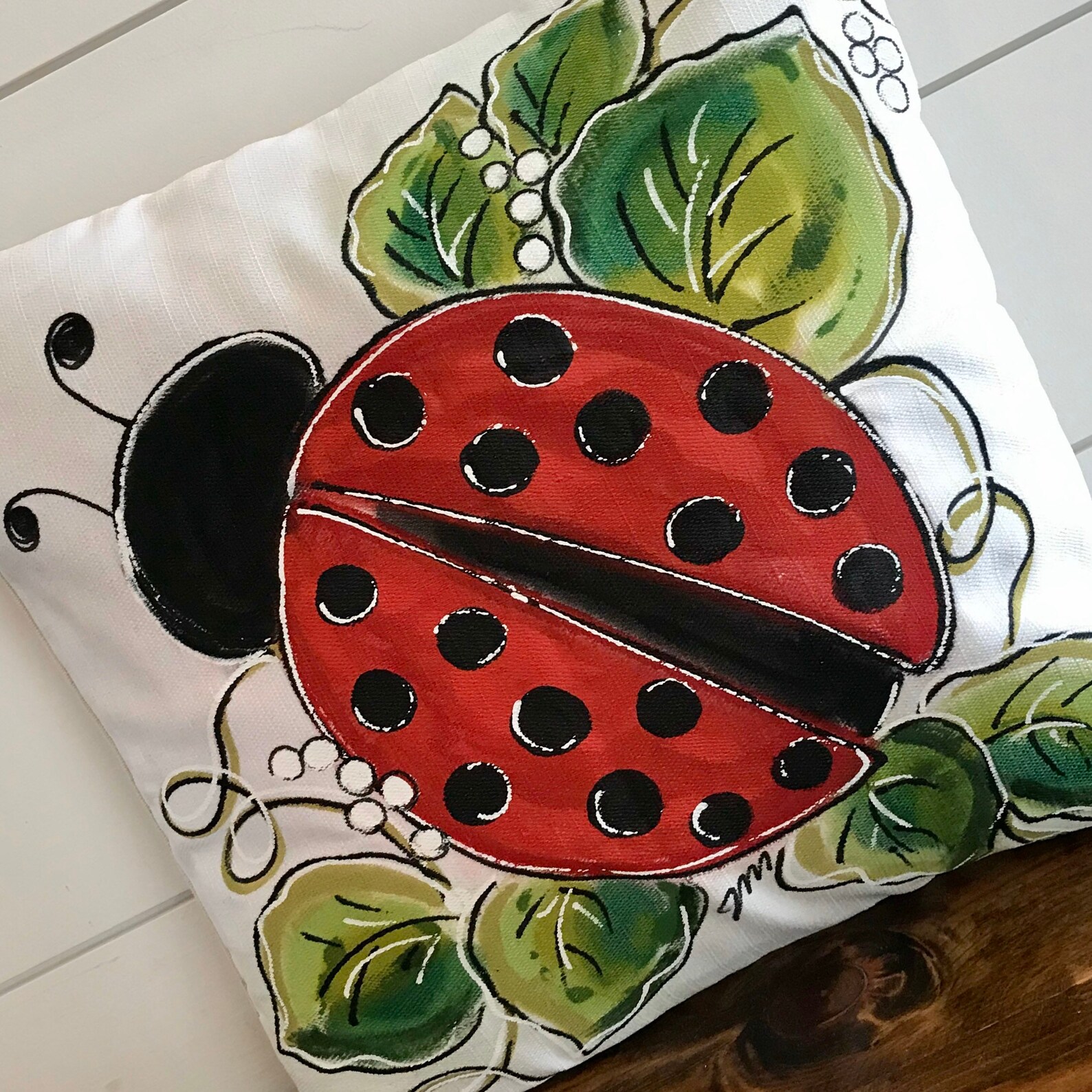 Ladybug Pillow, Red and Black, Spring, Summer, Hand-painted, Pillow ...