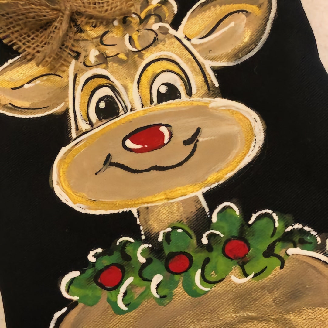 Reindeer on Black Hand-painted Kitchen Tea Towel Handmade - Etsy