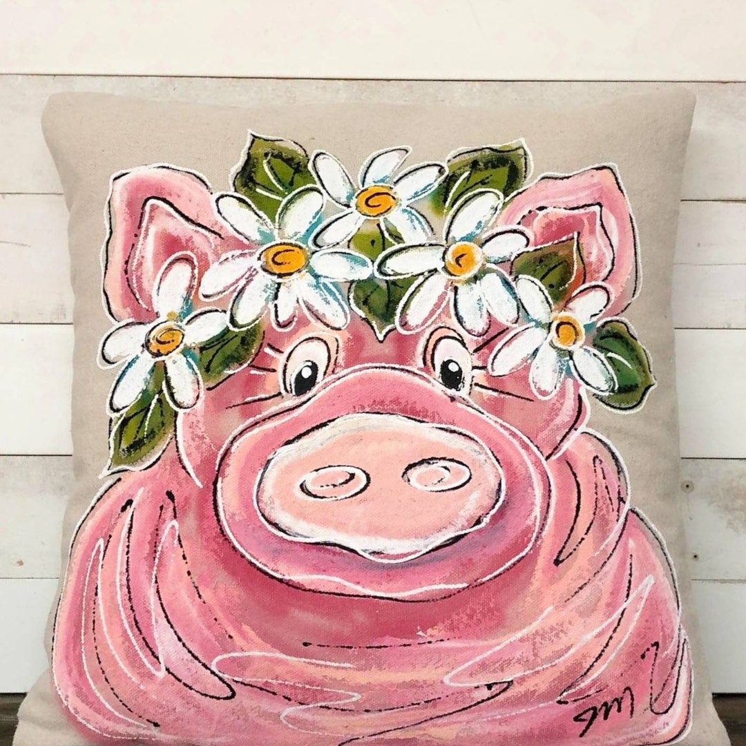 Whimsical Pig With Garland, Pink Pig, Hand-painted Pillows, Pillow ...