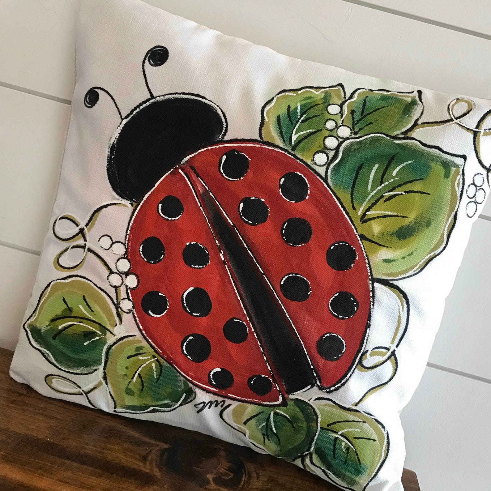 Ladybug Pillow, Red and Black, Spring, Summer, Hand-painted, Pillow ...