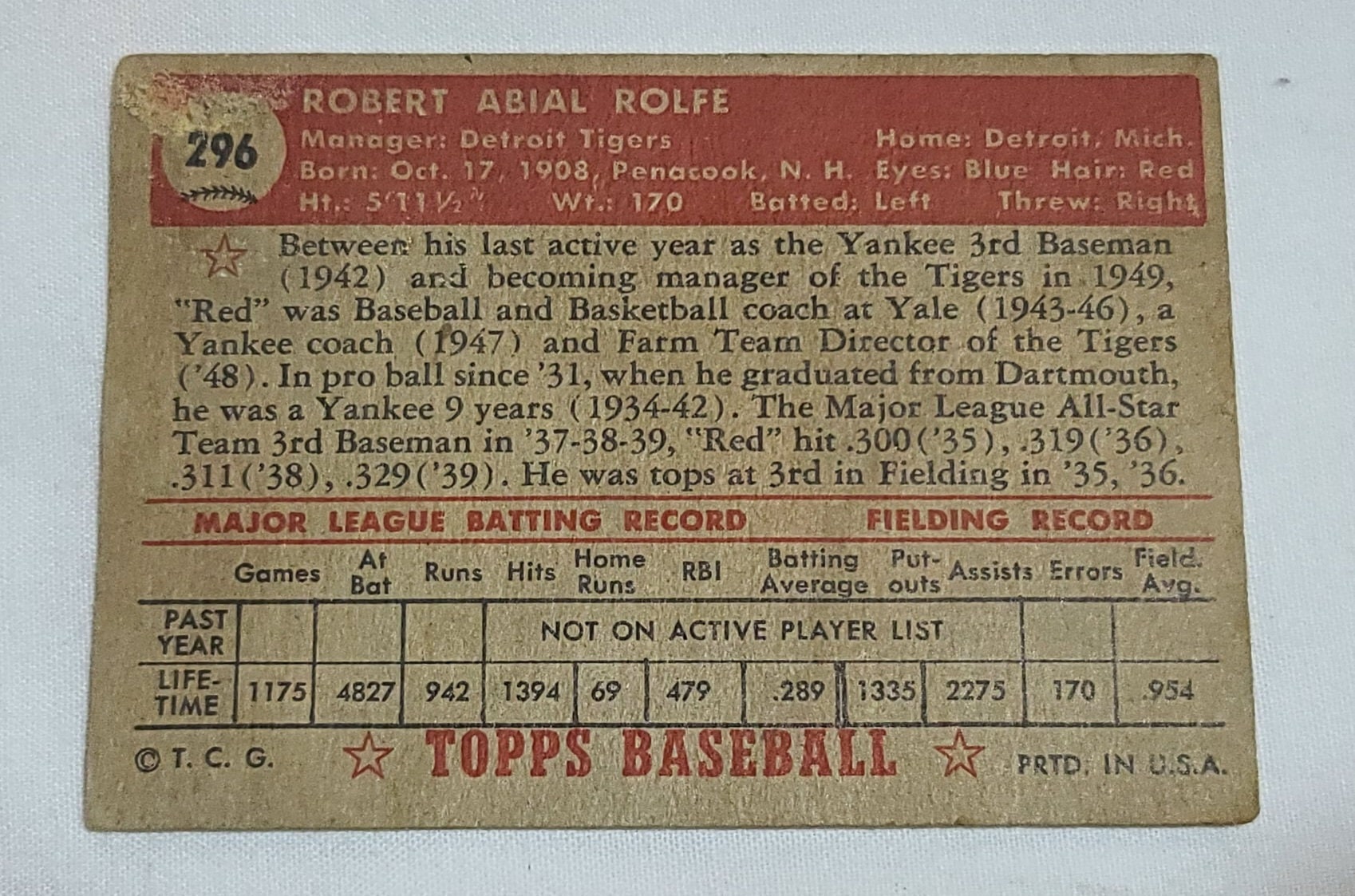 1952 Robert Red Rolfe 296 Baseball Card Aged Condition - Etsy