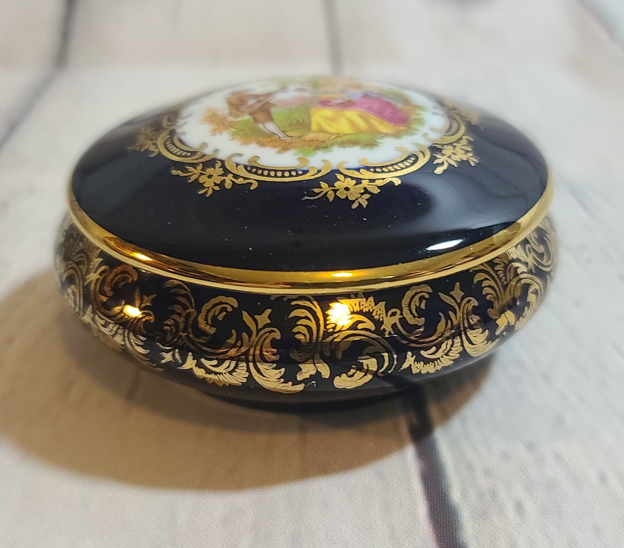 Pre 1980's Limoges Castel France 22K Gold Trim Cobalt Blue Trinket Box ...