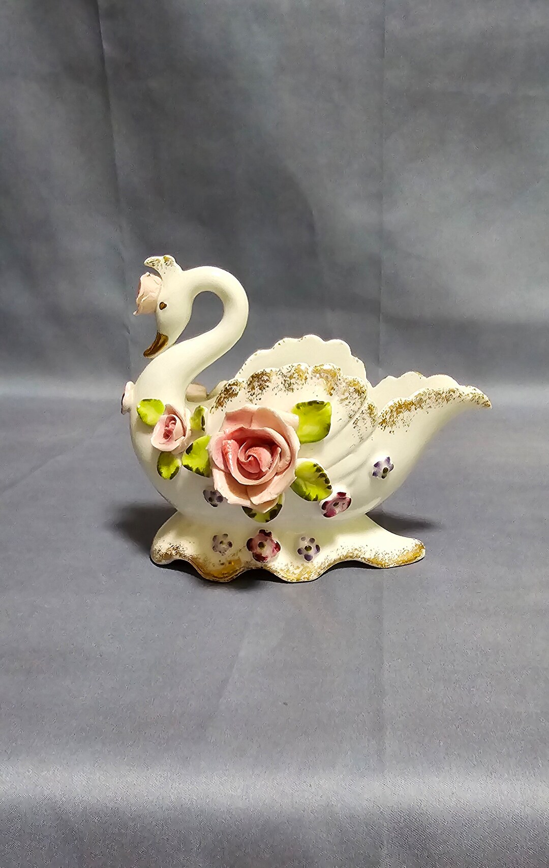 Pre 1960's Lefton China Swan With 3D Roses and Leaves Trinket Dish Hand ...
