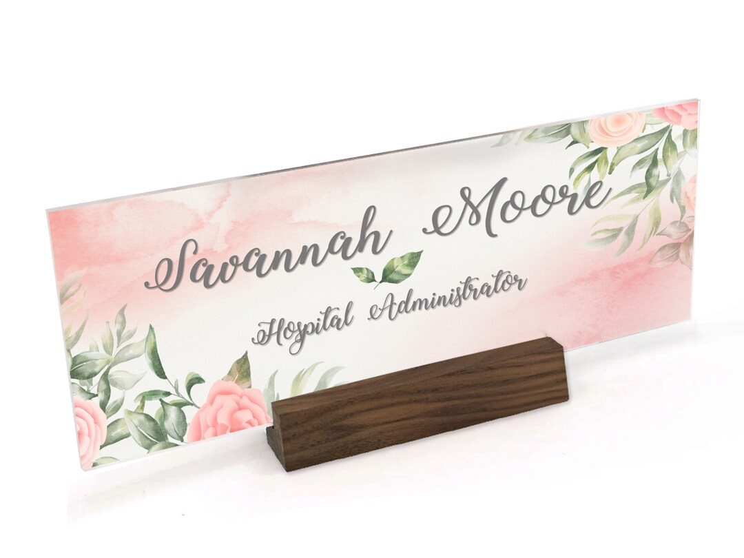 Blush Pink Rose Flowers and Green Leaves Personalized Custom Desk Name ...