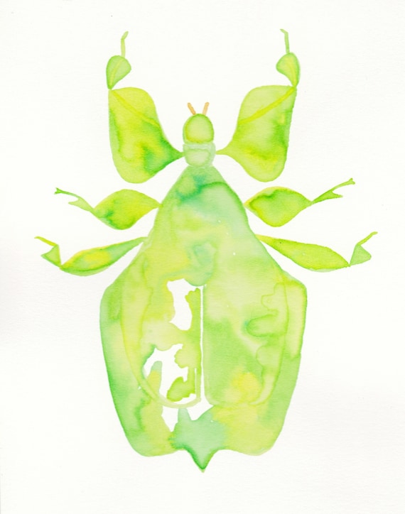 Art & Collectibles Watercolor Leaf Insect print green & yellow etna.com.pe