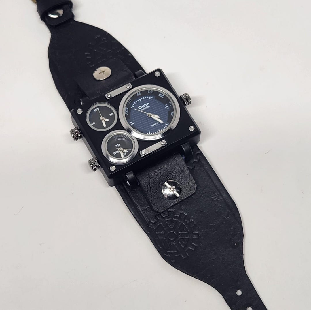 Black Leather Steampunk Multi Time Zone Square Wrist Watch - Etsy