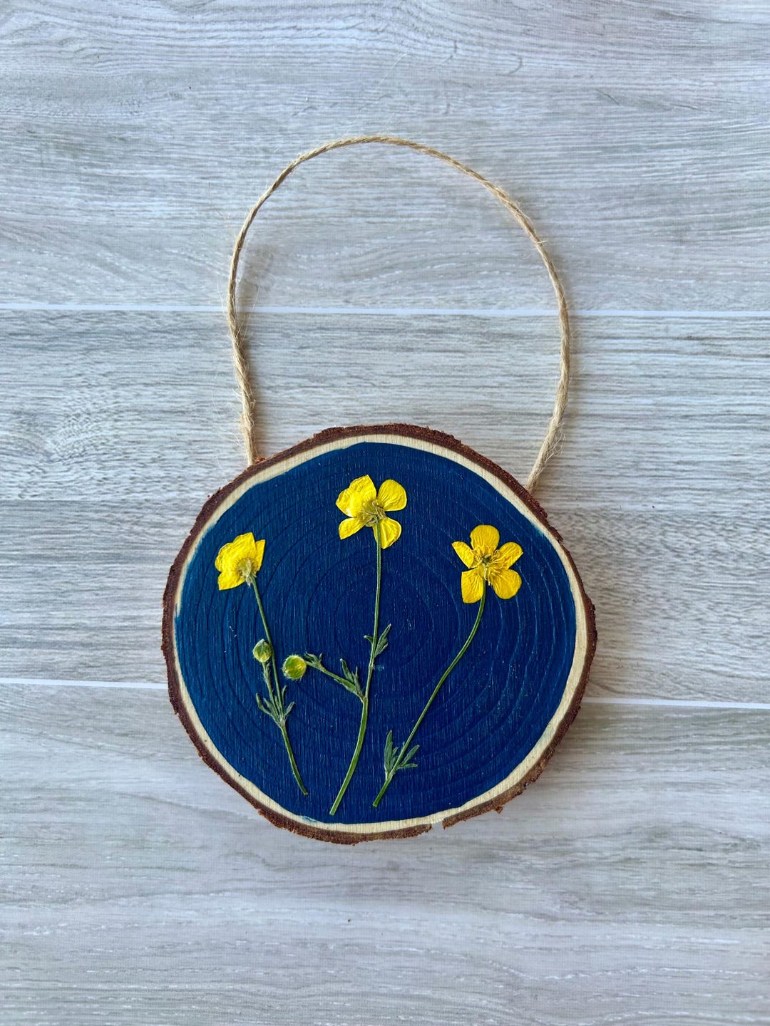 Mini Floral Wood Slice Gallery Wall Art - Real Pressed Yellow Buttercup ...