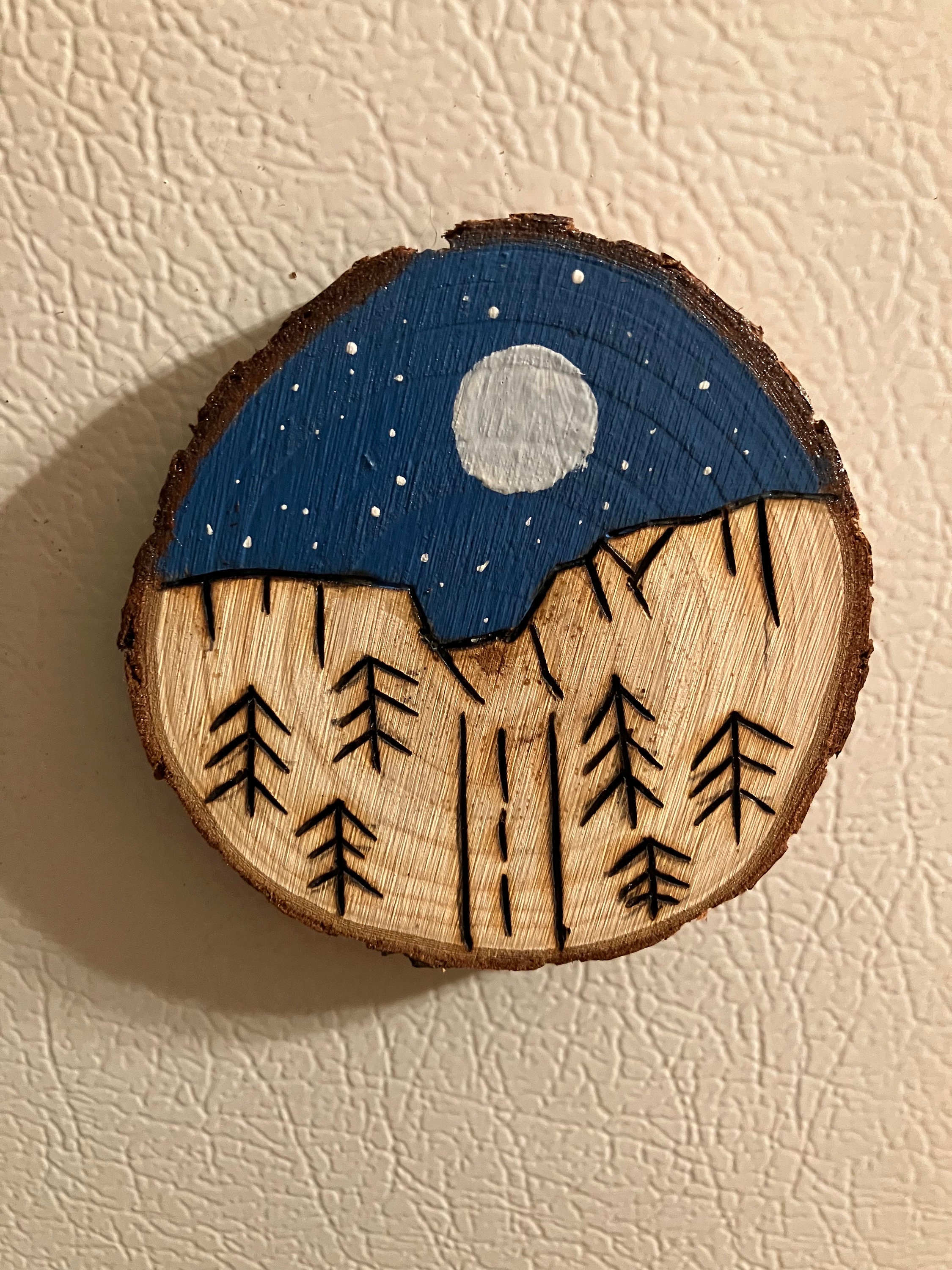 Wood Burned and Hand Painted Mountain Forest Scene Magnet OR Ornament ...