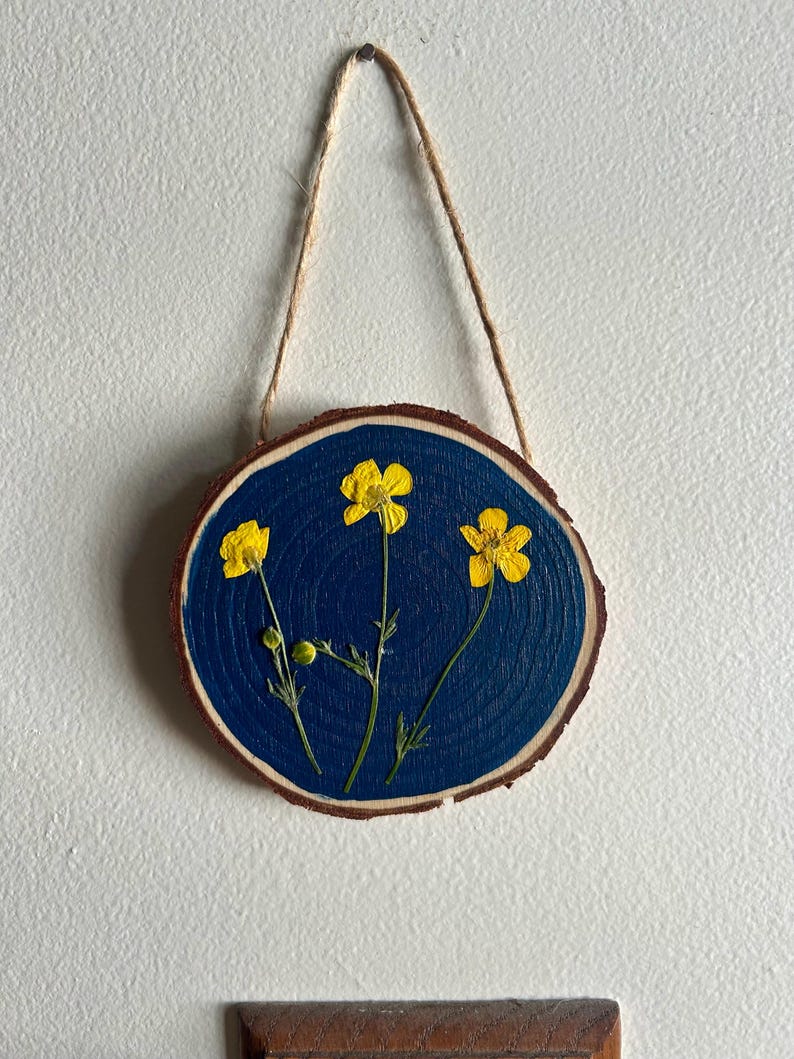 Mini Floral Wood Slice Gallery Wall Art - Real Pressed Yellow Buttercup ...