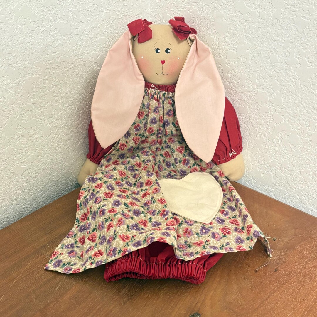 Vintage Bunny Rag Doll Handmade Bunny Rabbit Hearts Flowers 80's 90's ...
