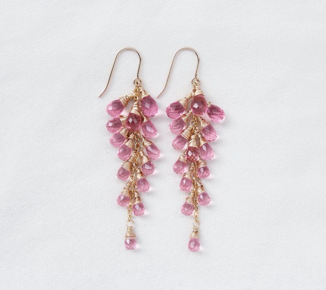 Topaz Pink Quartz Drop Earrings, Cluster Earrings Gold Filled or Silver ...