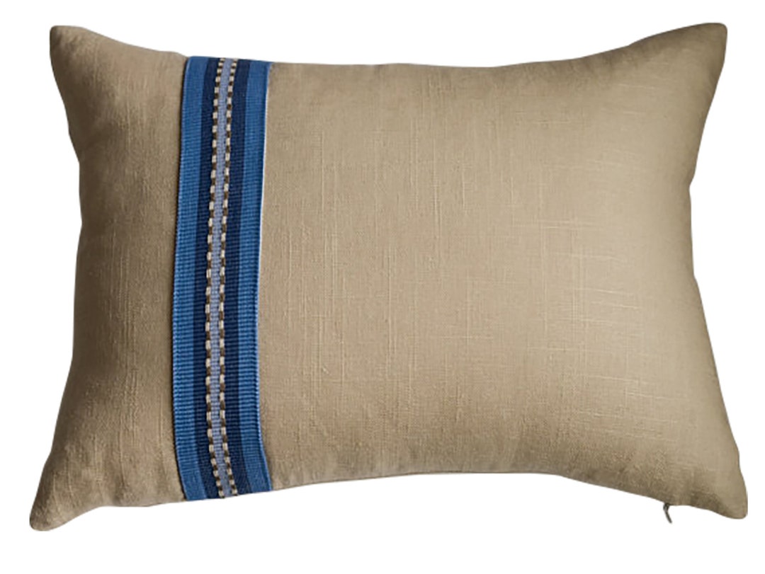 Linen Rectangular Pillow Cover in Tan With Blue Stripe Banding - Lumbar ...