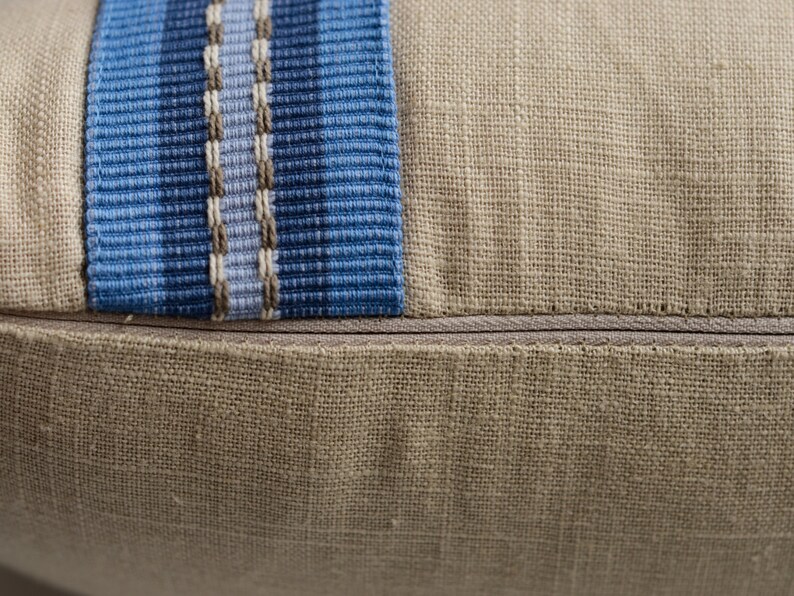 Linen Rectangular Pillow Cover in Tan With Blue Stripe Banding - Etsy