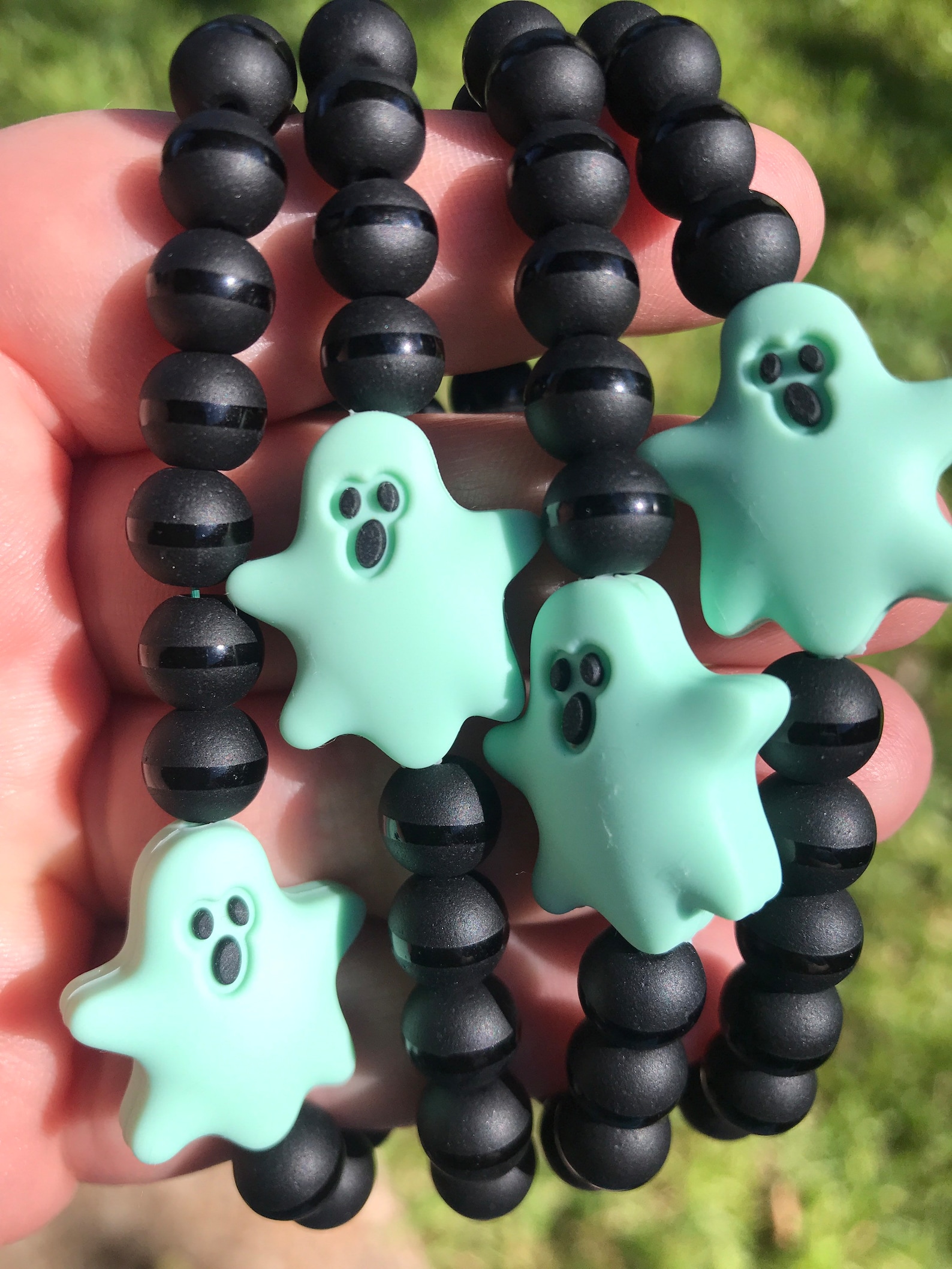 Halloween Green Ghost 8mm Gemstone Beaded Bracelet Onyx Candy Jewelry ...
