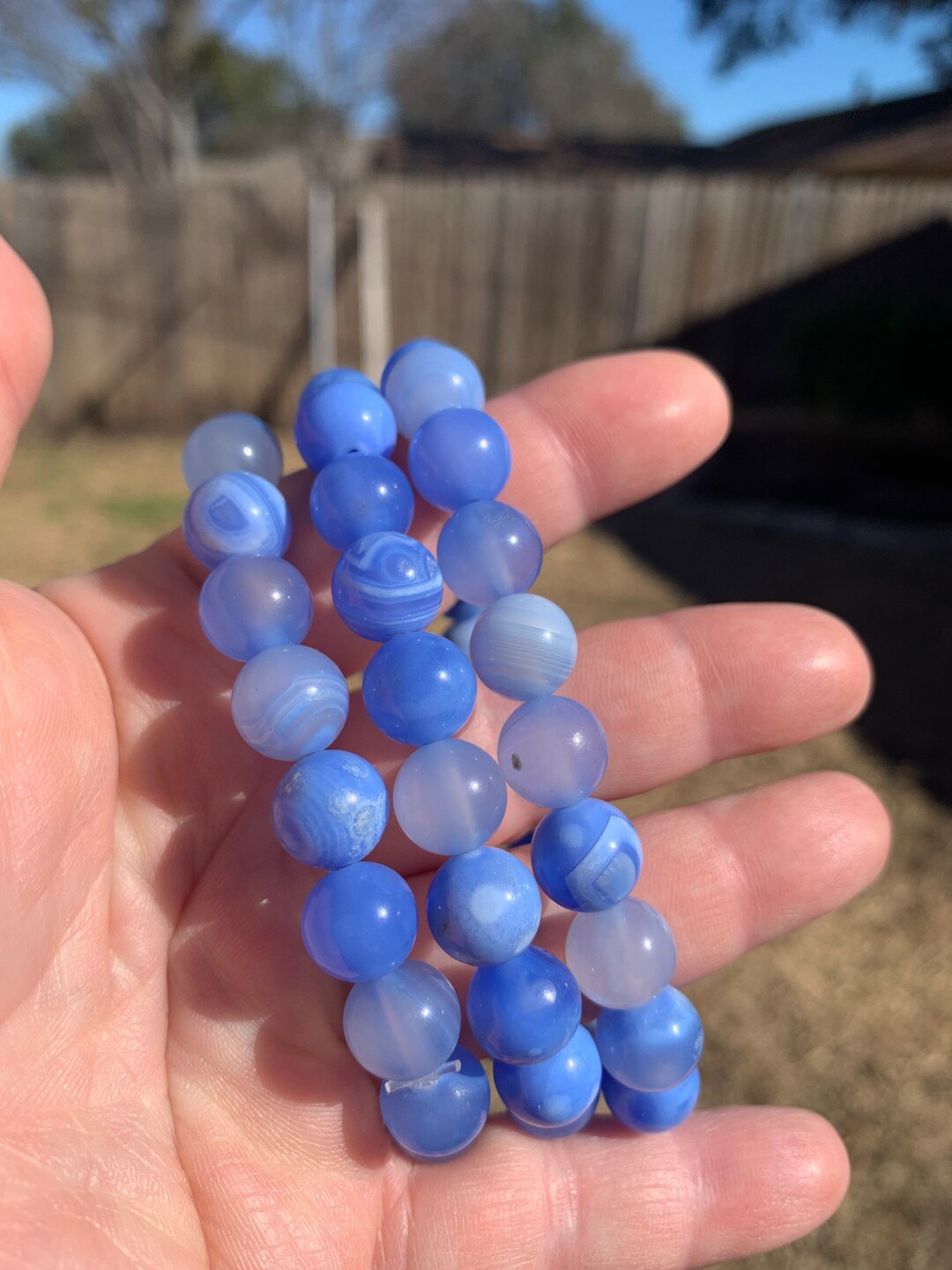 Periwinkle Blue & White 10mm Agate Gemstone Beaded Bracelet Halloween ...