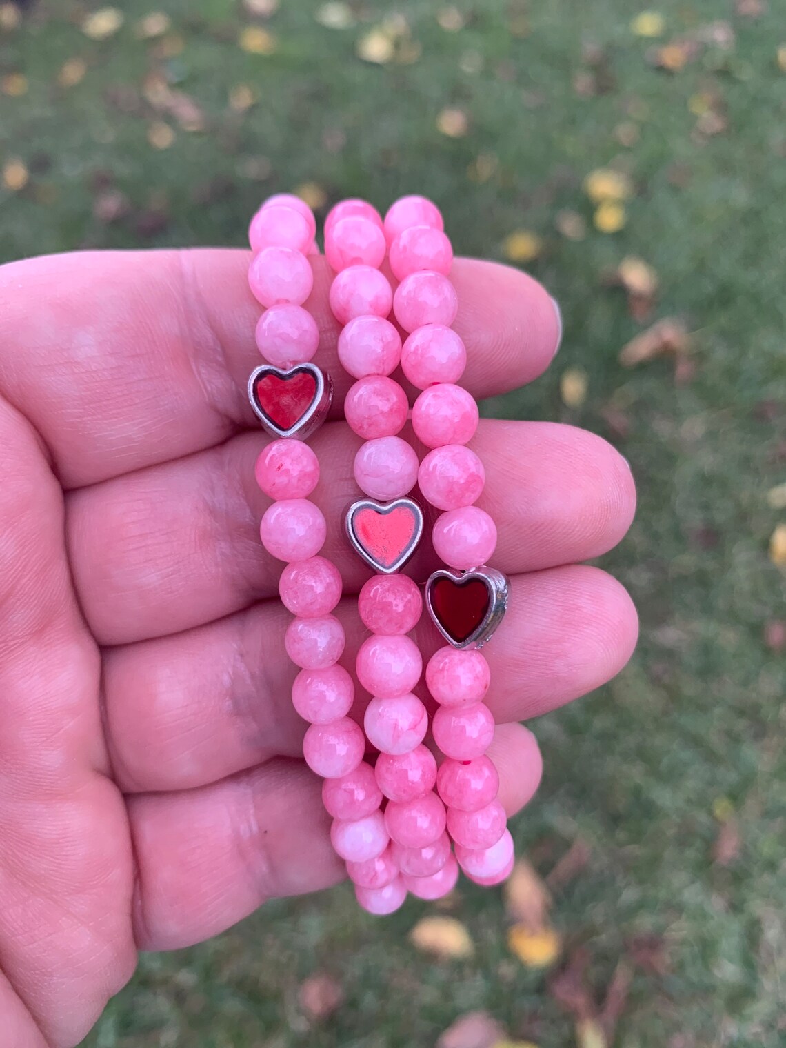 Valentines Pink Jade 6mm With Red Enamel Heart Beaded Bracelet Love ...