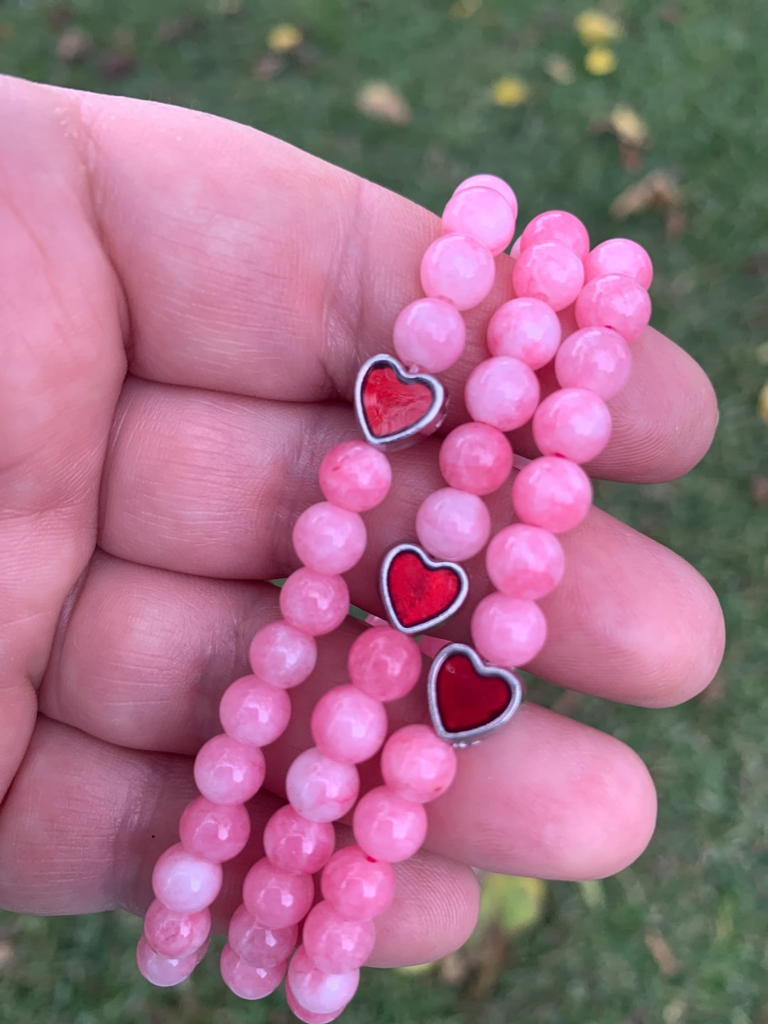 Valentines Pink Jade 6mm With Red Enamel Heart Beaded Bracelet Love ...