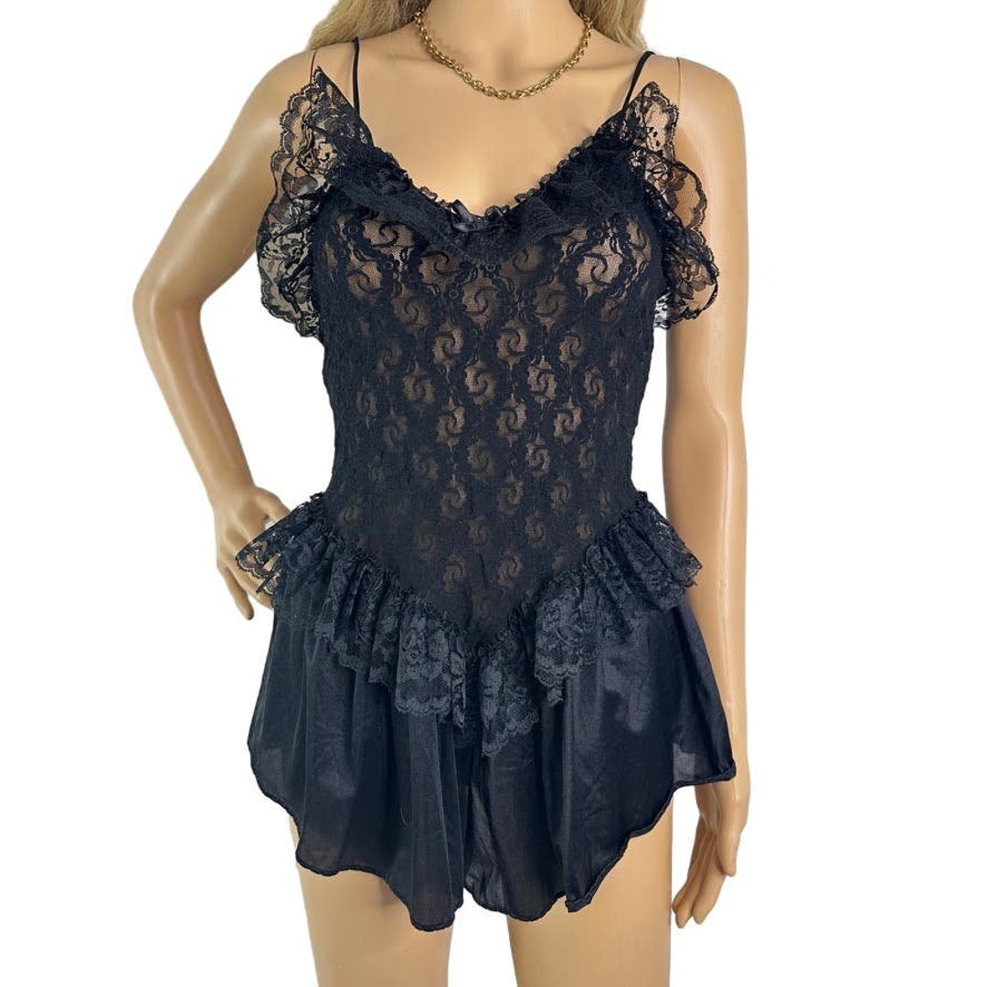 Vintage 1980'S Andrea Kristoff for Escante Lingerie Black Lace Ruffled ...