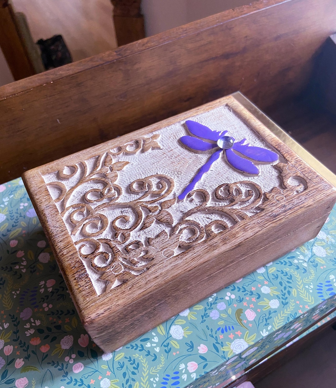 Dragonfly Wood Box With Rainbow Moonstone Crystal, Box for Crystals, - Etsy