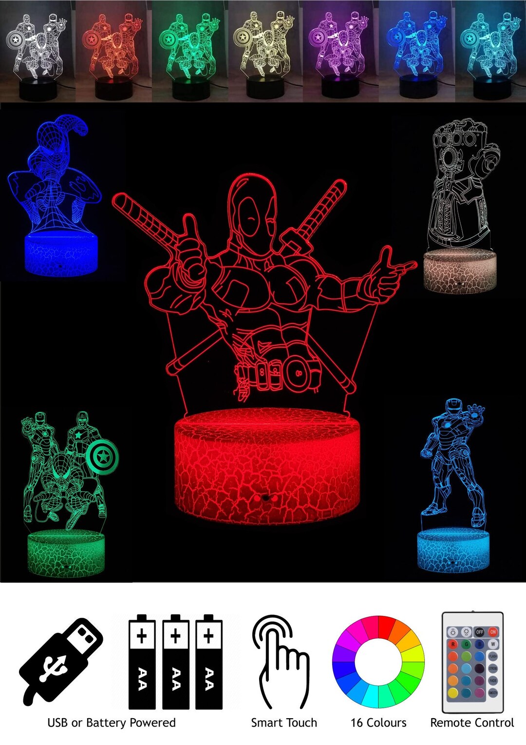 Marvel Avengers 3D Illusion 5 in 1 LED Night Light for Kids - Etsy