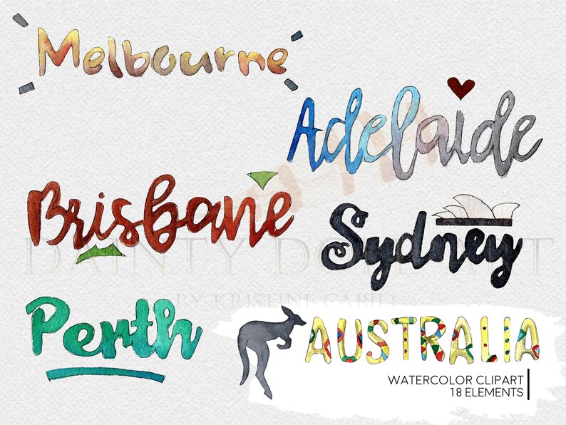Australia Clipart Watercolor Digital Download Travel Kangaroo Koala ...