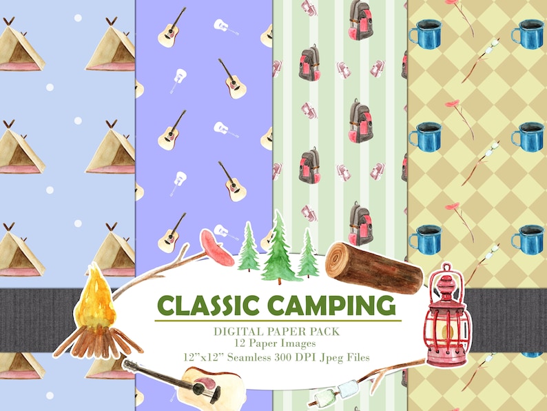Camping Digital Paper Pack Clipart Watercolor Printable Scrapbook ...