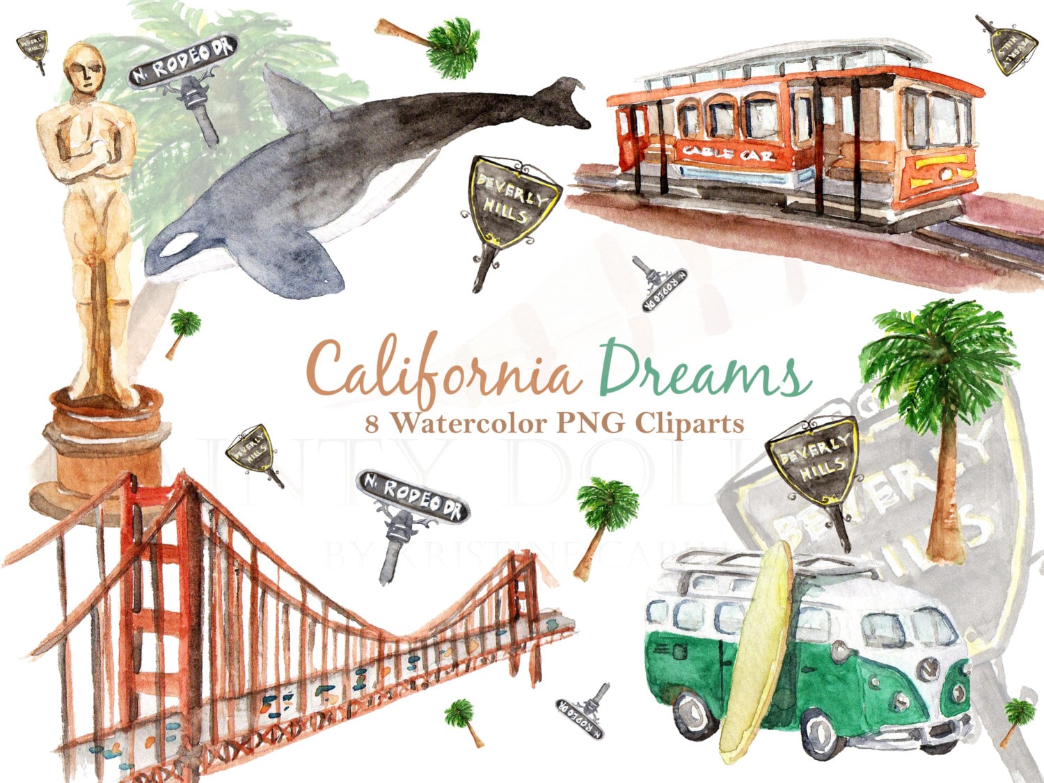 California Clipart Watercolor Digital Download Travel USA State San ...