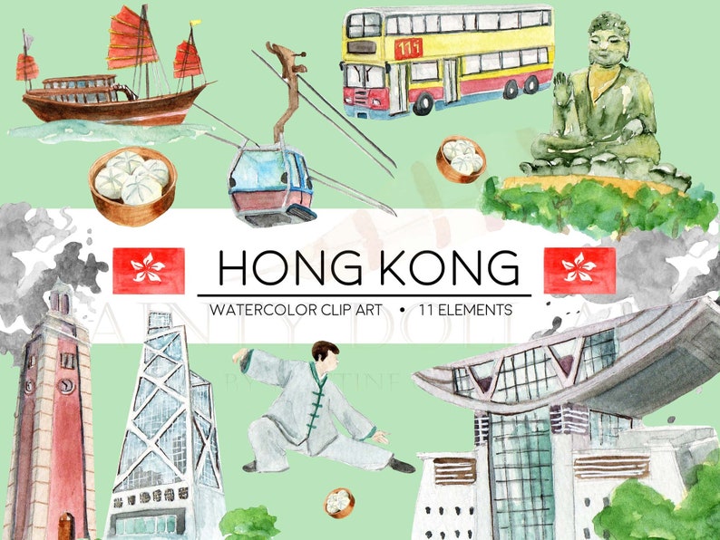 Hong Kong Clipart Watercolor Digital Download Travel East Asia Flag ...