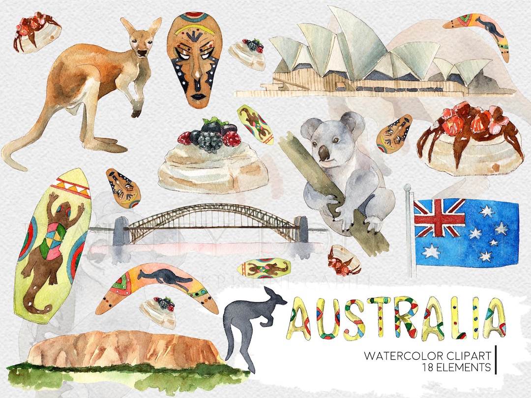 Australia Clipart Watercolor Digital Download Travel Kangaroo Koala ...