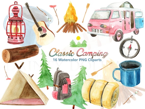 Watercolor Camping Clip Art Set Summer Outdoors Activities