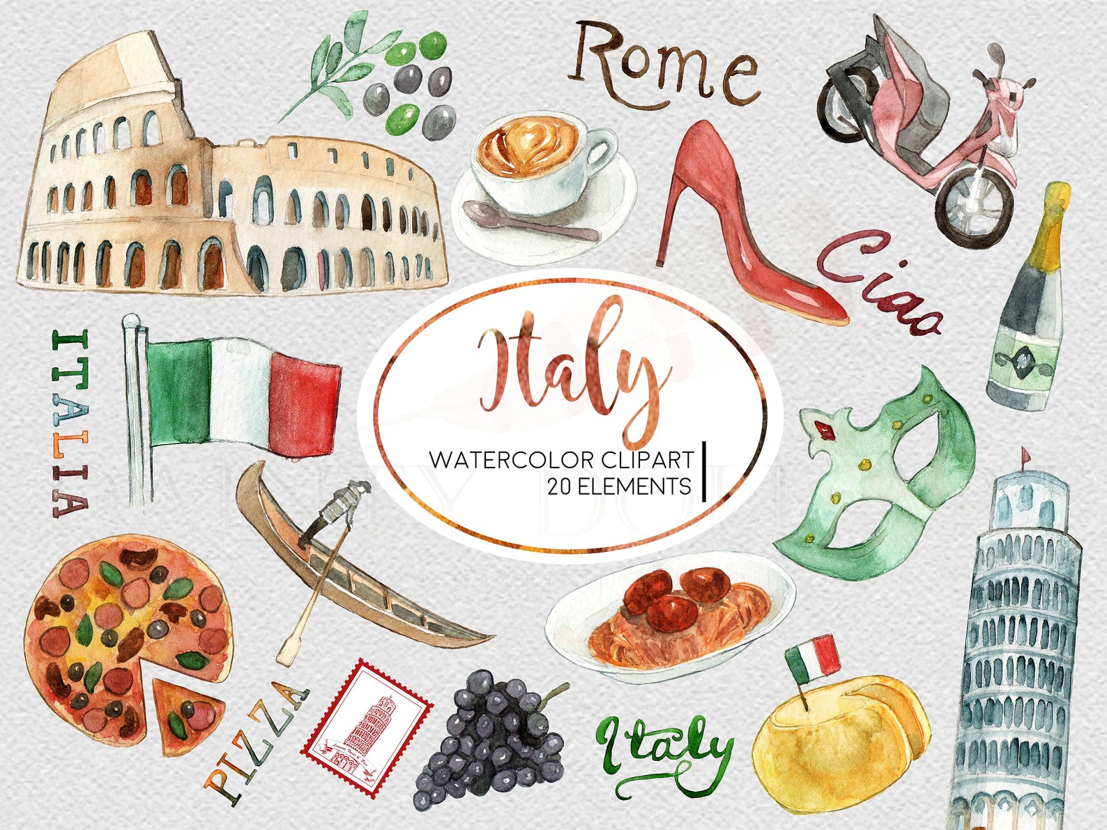 Italy Clipart Watercolor Digital Download Travel Europe - Etsy