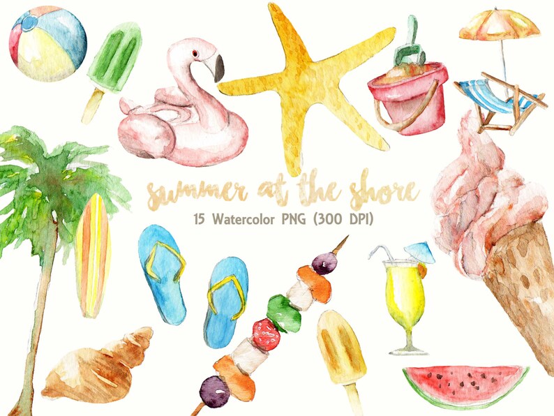 Summer Clipart Watercolor Digital Download Beach Party Vacation ...