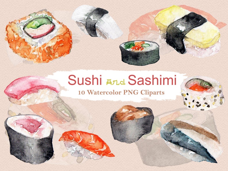 Sushi Sashimi Clipart Watercolor Japan Asian Food Kawaii Restaurant ...