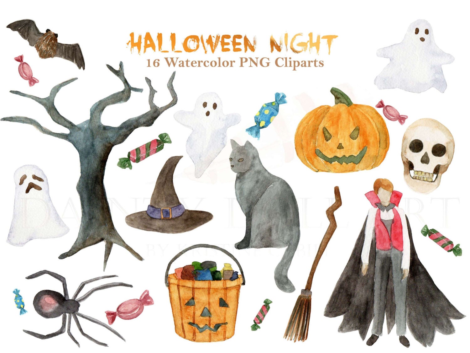 Halloween Clipart Watercolor Pumpkin Witch Ghost Monster Vampire Autumn ...