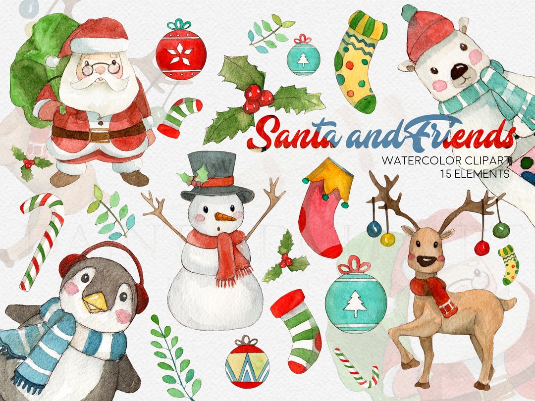 Santa Claus Clipart Watercolor Digital Download Christmas Snowman ...