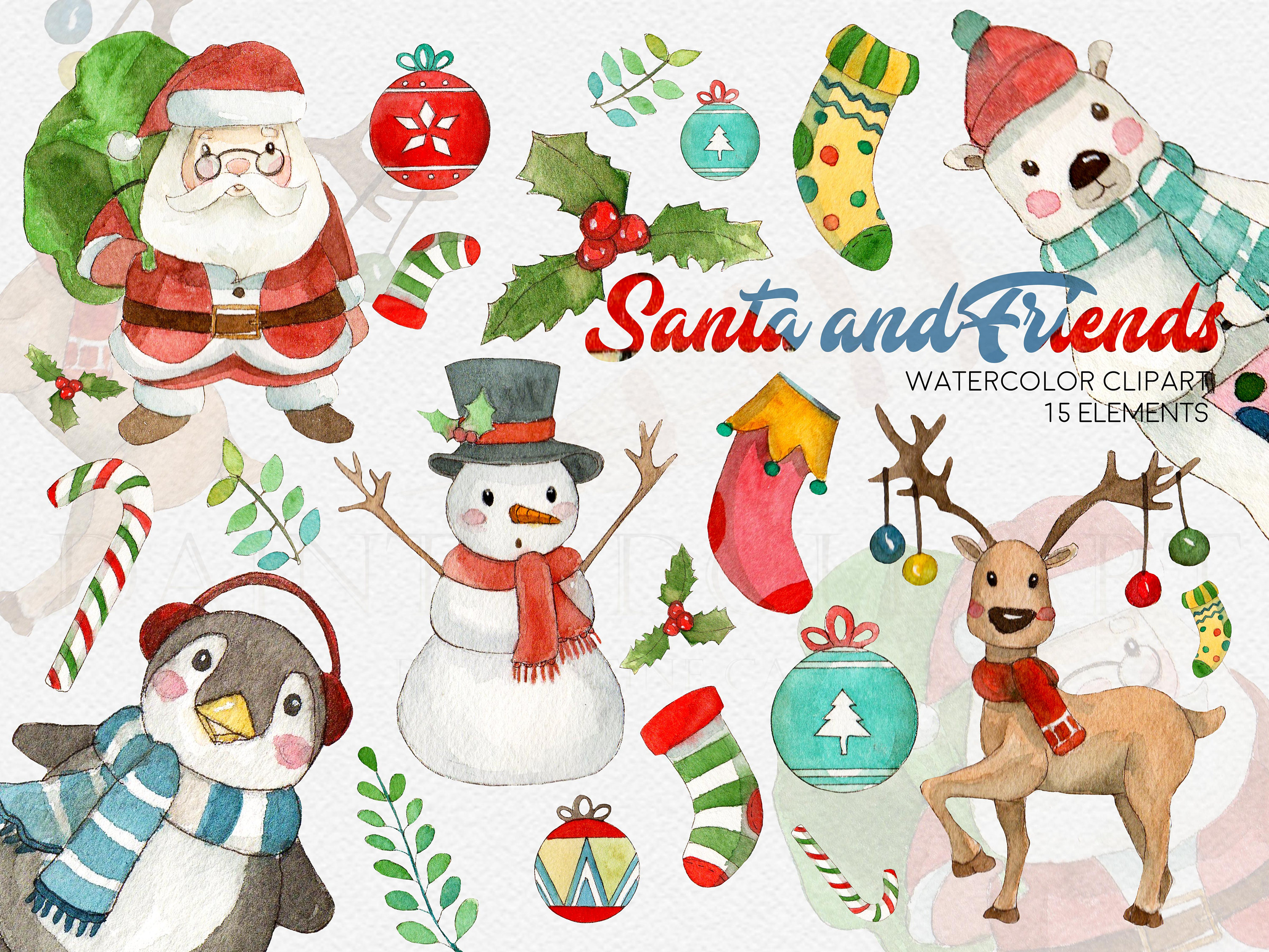 Santa Claus Clipart Watercolor Digital Download Christmas Snowman ...