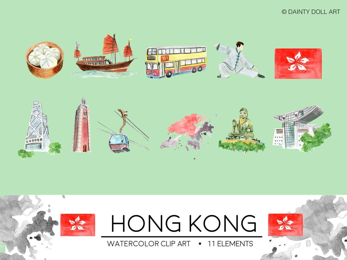 Hong Kong Clipart Watercolor Digital Download Travel East Asia | Etsy