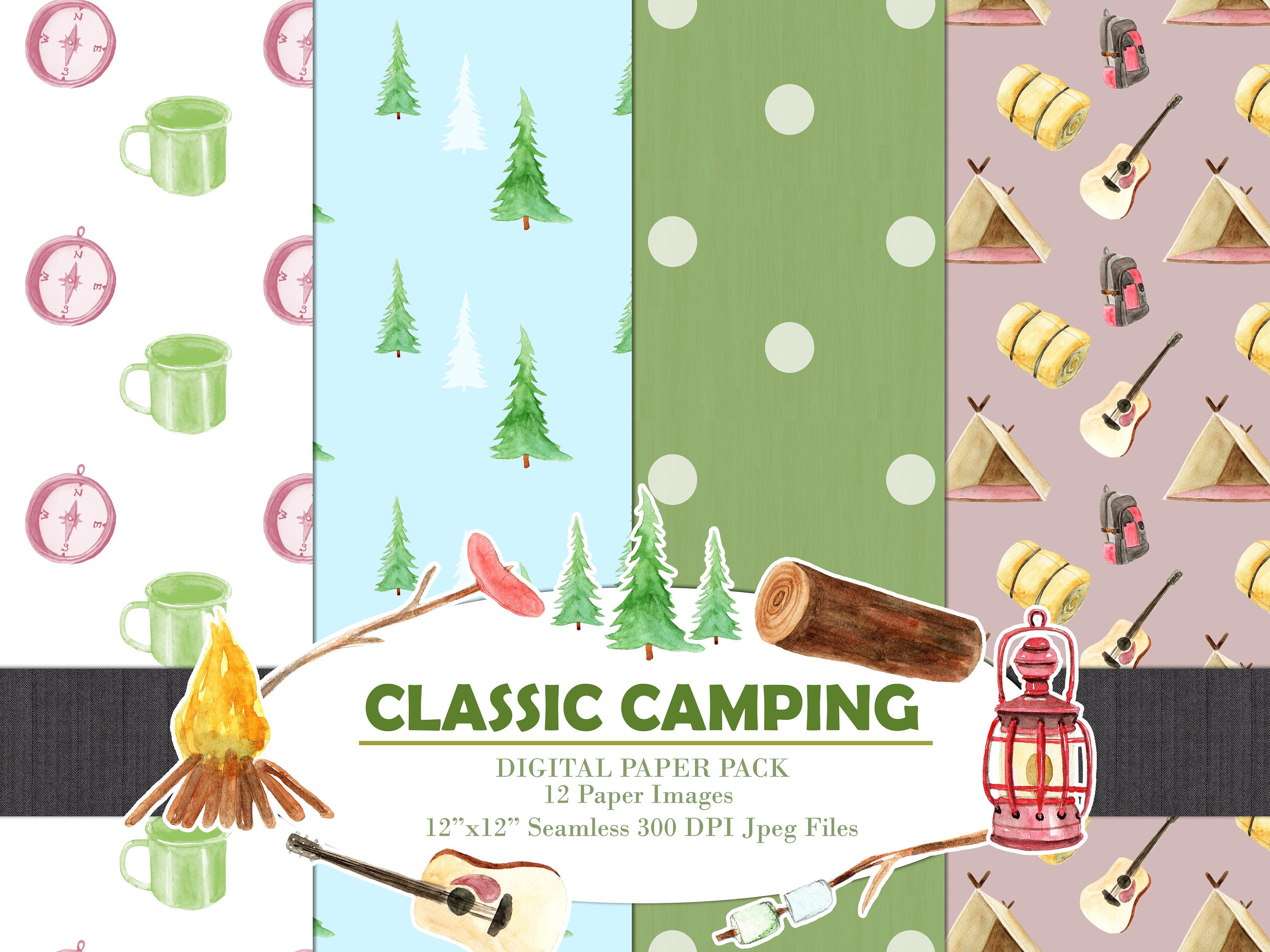 Camping Digital Paper Pack Clipart Watercolor Printable Scrapbook ...