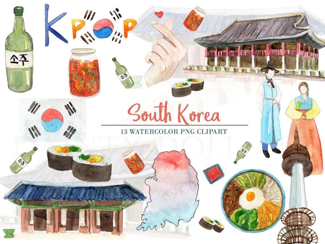 South Korea Clipart Watercolor Digital Download Travel East - Etsy Canada