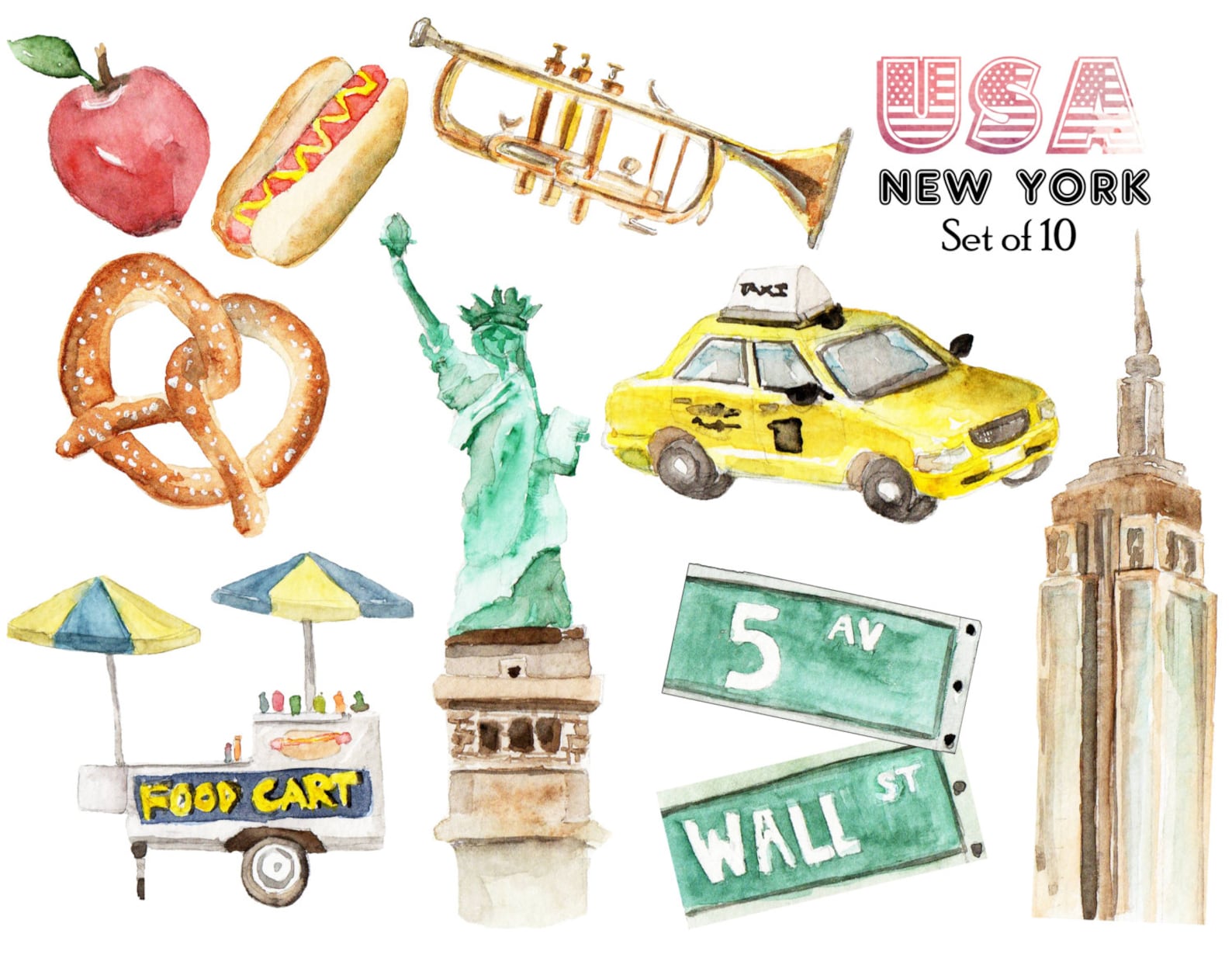 New York Clip Art / Watercolor Clip Art / Stock Image / Digital ...